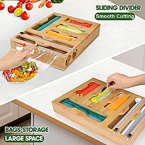 Wall Mount Ziplock Bag + Foil & Plastic Wrap Organizer - Premium Bamboo Organizer for Ziplock Bags, Foil & Plastic Wrap Dispenser | Kitchen Organization & Storage | 12" X 2.125" Standard Rolls only