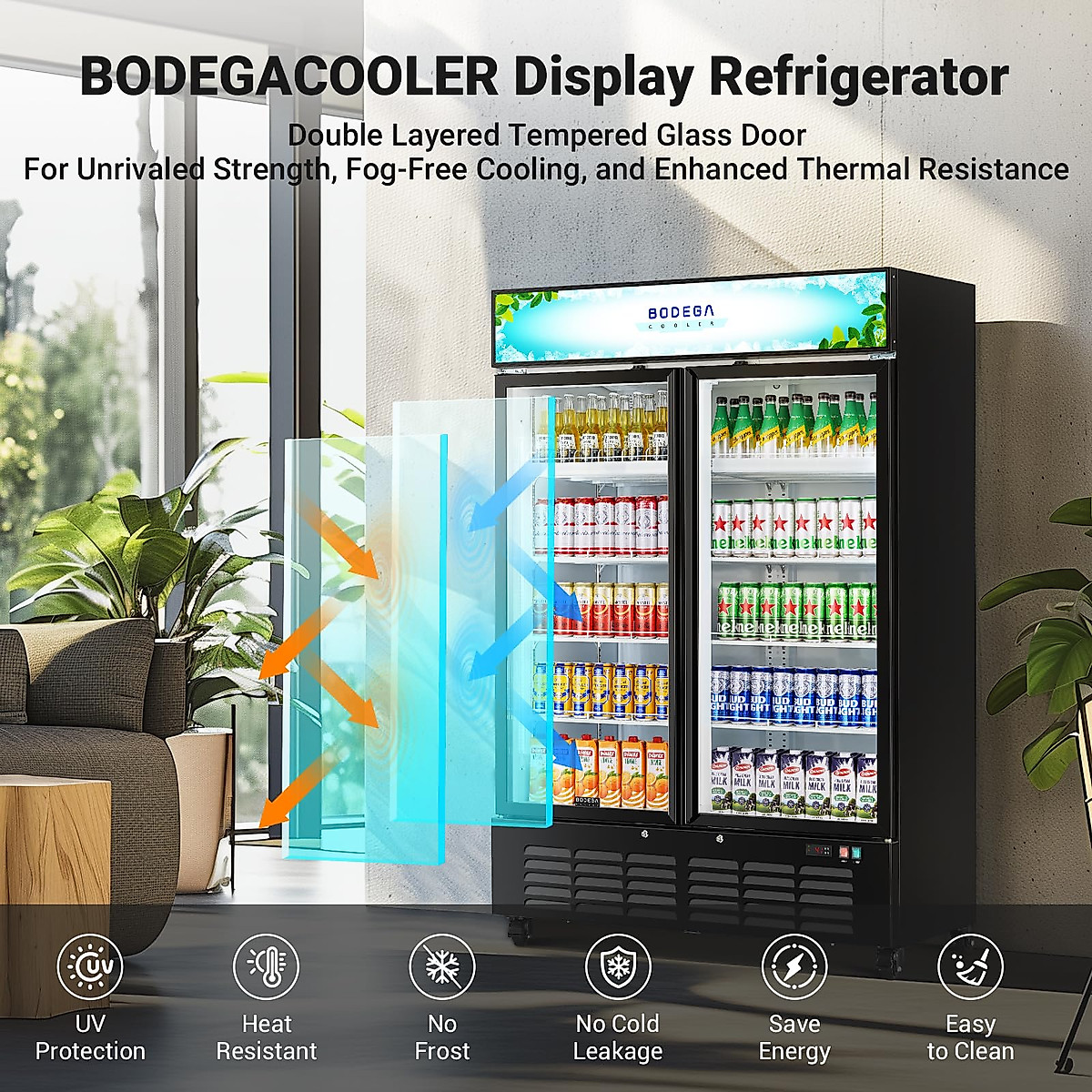 BODEGACOOLER Commercial Merchandiser Refrigerator, 36.3 Cu.Ft Upright Display Beverage Cooler, 2 Glass Door Display Refrigerator with Soft LED Light, Adjustable Shelves, 4 Strong Castors(Black)