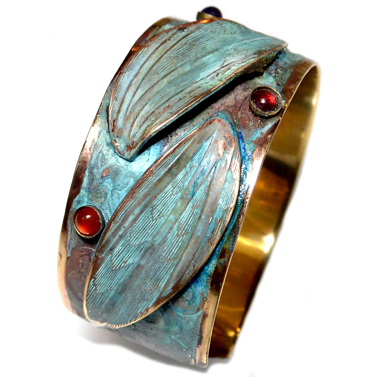Elaine Coyne Wearable Art Verdigris Patina Brass Contemporary Leaves Cuff Bracelet - Amethyst, Carnelian, Garnet