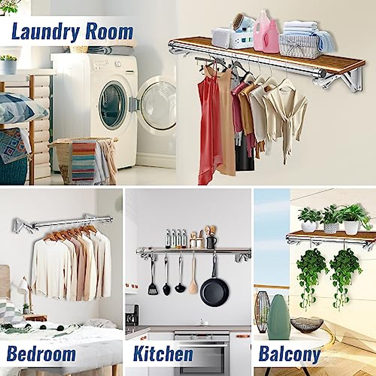 Foldable Wall Mounted Clothes Rack-30'' Long Rod&2 Thick Bases,Stainless Steel,Multi-Purpose for Space-Saving Garment Rack/Clothes Drying Rack/Clothes Hanger,Detachable and Top Shelf Room Reserved