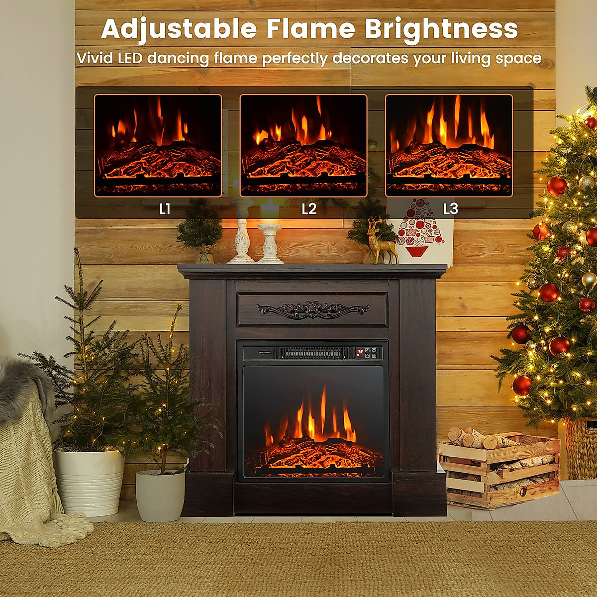 COSTWAY 32-inch Electric Fireplace with Mantel, 1400W Fireplace Heater with Remote Control, 3-Level Realistic Flame, 6H Timer, Overheat Protection, Wooden Surround Fireplace for Living Room, Brown