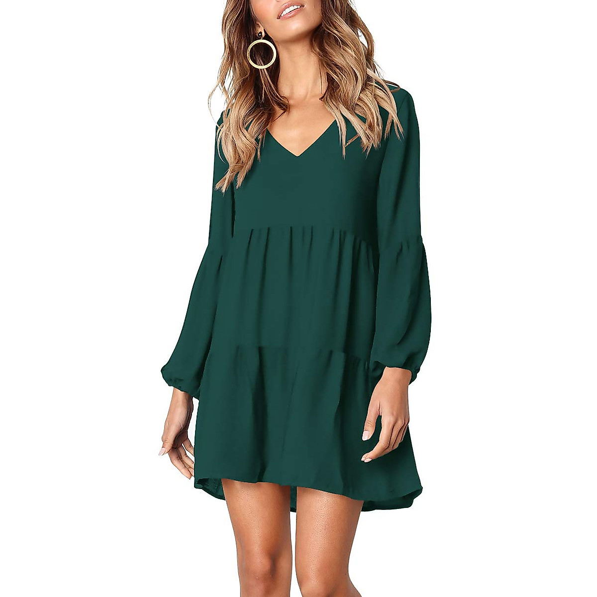 Amoretu Women Long Sleeve Tunic Dress V Neck Swing Shift Dresses(Green,X-Large)
