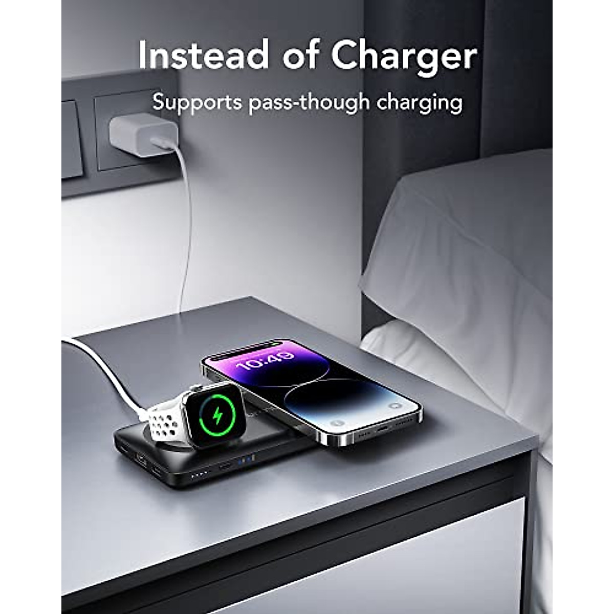 VRURC Wireless Portable Charger, 10000mAh Magnetic Power Bank, 3 in 1 Charger, 22.5W Fast Charing Battery Pack, 3 inputs 4 outputs Compatible with iPhone 15/14/13, iWatch 8/7/6, AirPods Pro/2 - Black