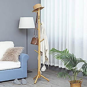 C&AHOME Bamboo Coat Rack Stand with 8 Hooks, Wooden Coat Tree Adjustable Sizes, Entryway Hall Tree Free Standing Coat Hanger Stand for Hat, Bag, Clothes, Jacket, Natural