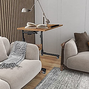 Laptop Cart 31.5" Mobile Table Movable Sofa Side Table with Tilt Tabletop Portable Tray Table for Home Office Height Adjustable Notebook Computer Workstation with Lockable Wheels (Oak)