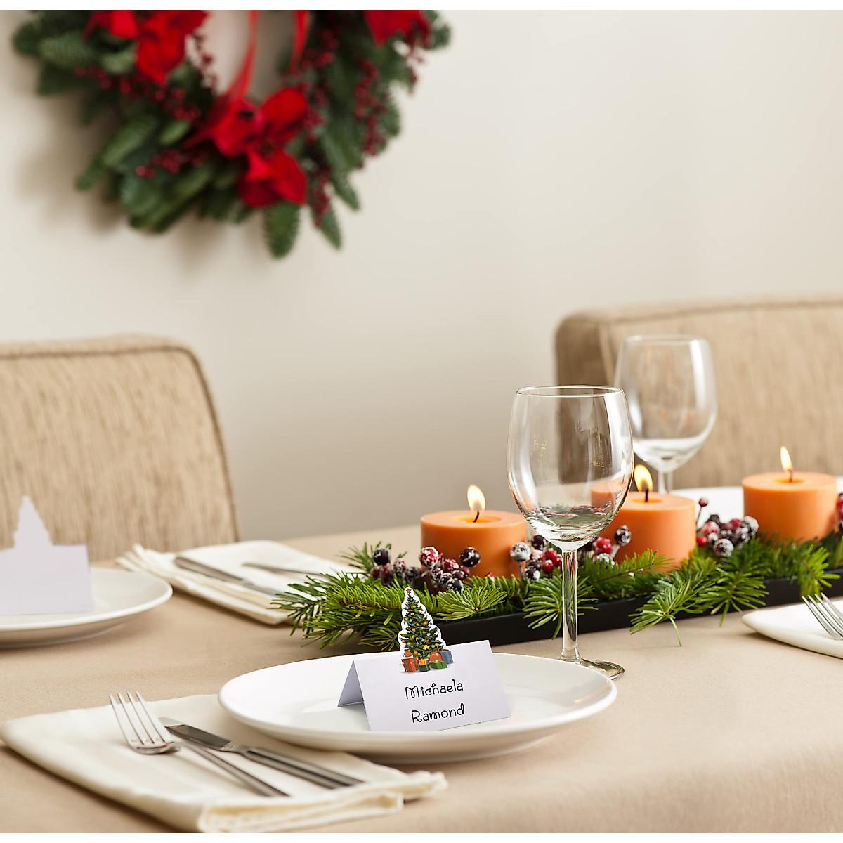 100 Pack Christmas Place Cards Holiday Seating Name Card Die Cut Xmas Tree Table Setting Folded Paper Tent Cards for Dinner Wedding Tables Placement Party Decorations 2" x 3.5"