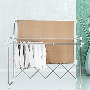Jixi Drying Rack Clothes Airer Stainless Steel Drying Rack Double Pole Folding Adjustable Clothes Hanger with Universal Wheel Indoor Outdoor Laundry Rack (Color : Stainless Steel)