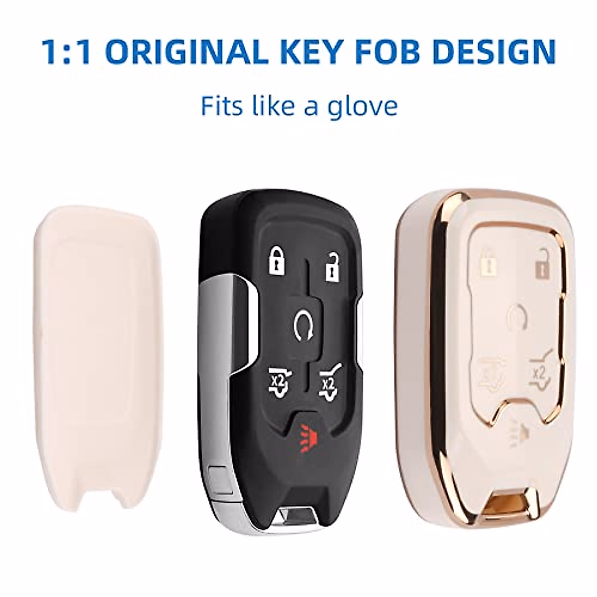 Jimtyee for GMC Key Fob Cover with Leather Lanyard Keychain Key Fob Case Shell Protection for Chevy Silverado Tahoe Suburban GMC Sierra Yukon Smart Remote Key Protector(White)