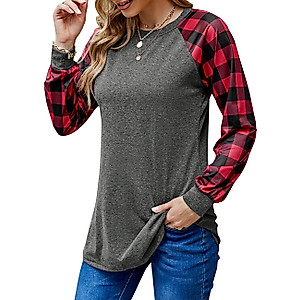 Miskely Women's Casual Color Block Long Sleeve Pullover Blouse With Pocket Loose Lightweight Tunic Tops Sweatshirt (XX-Large, A Grey Red Sleeve)