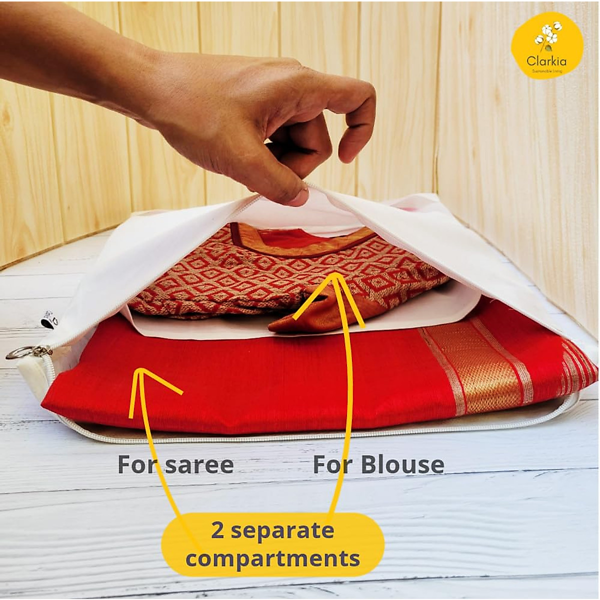 Clarkia Reusable Cotton Saree Cover with Blouse compartment big size for Storage, Wardrobe Organizer bags saree bags cotton (17x17 inches, Beige) (12)