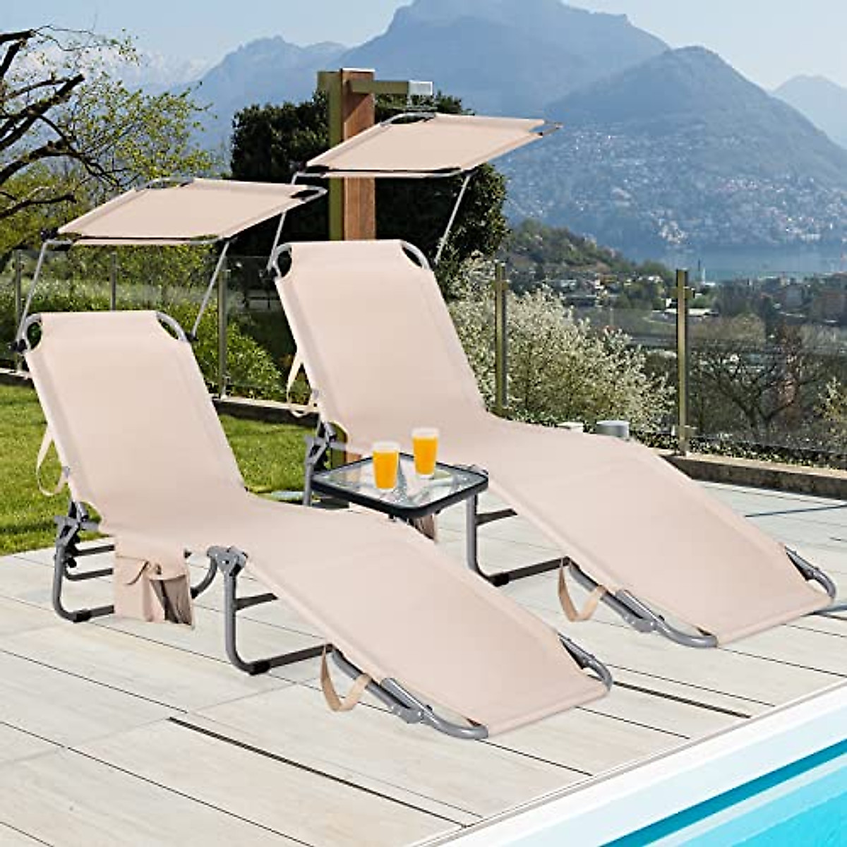 GYMAX Tanning Chair, Beach Lounge Chair with Canopy Sunshade, Carry Handle & Pocket, 5 Level Adjustable Layout Chaise Lounge for Outside, Folding Sunbath Chair for Outdoor, Patio, Poolside (1, Sand)