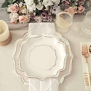 Tableclothsfactory 25 Pack | White/Silver 8" Scallop Rim Dessert Party Paper Plates, Disposable Appetizer Salad Plates - 300 GSM