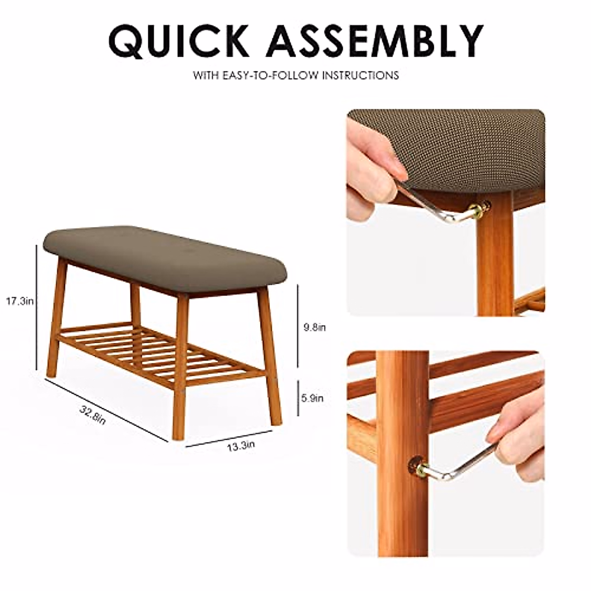 Bamworld Entryway Bench with Storage Bamboo Shoe Bench with Cushion Seat Rustic Storage Benches for Bedroom Living Room Indoor(Brown)