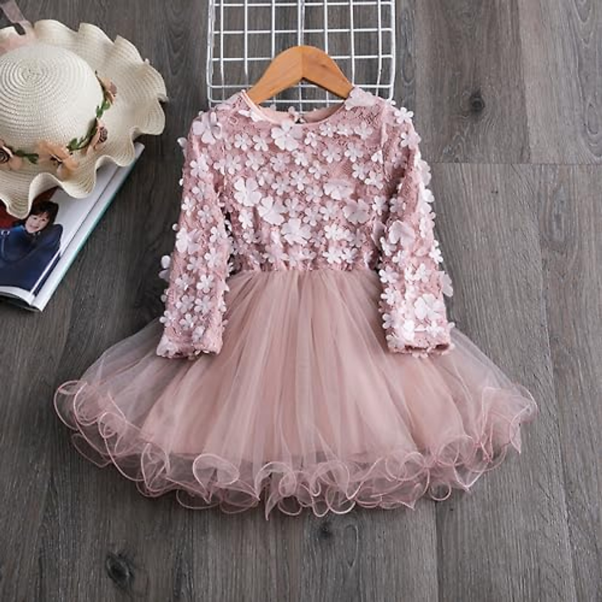 TTYAOVO Girls Longsleeve Lace 3D Flowers Tulle Layered Princess Party Dresses Size(140) 5-6 Years Dusty Pink