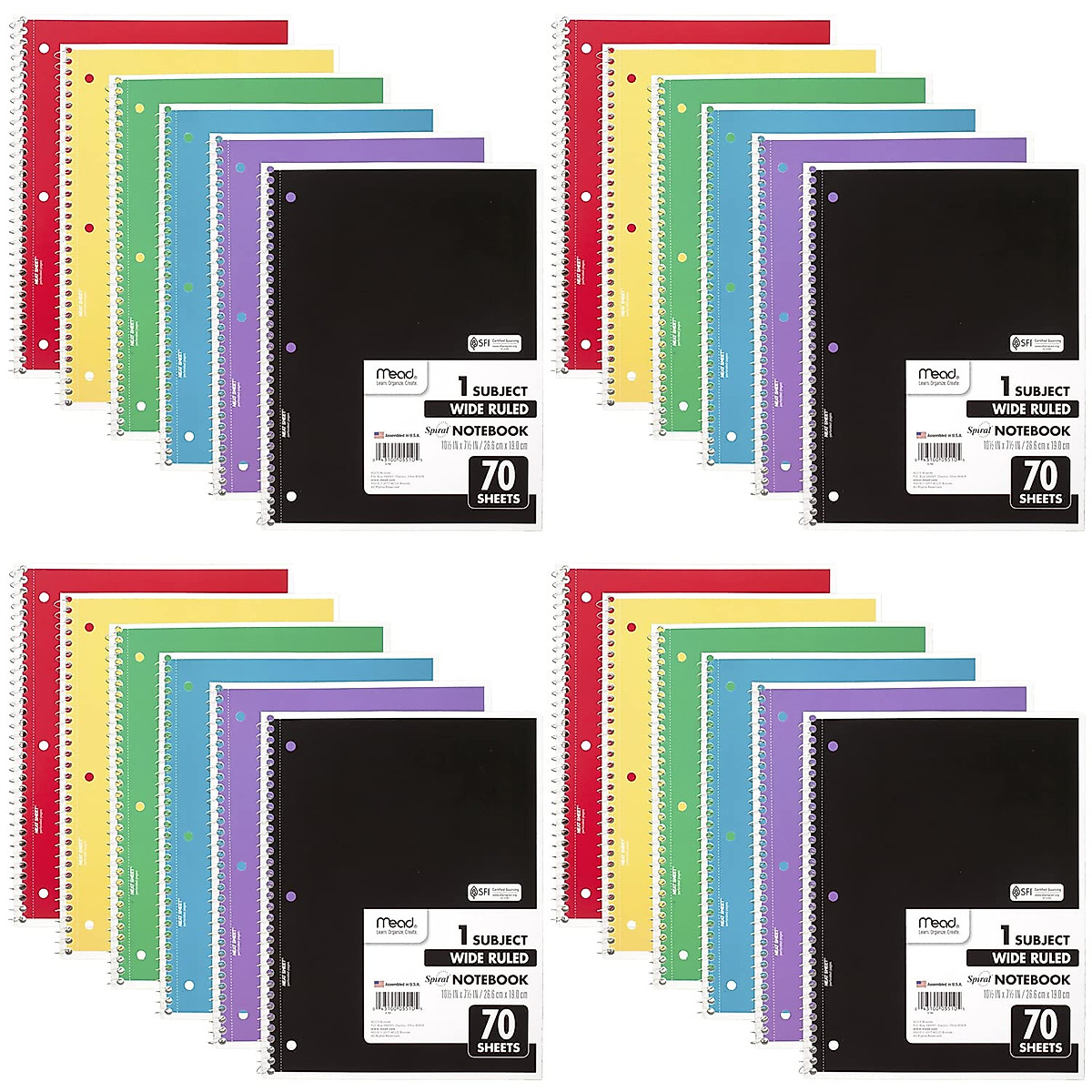Mead Spiral Notebooks, 24 Pack, 1-Subject, Wide Ruled Paper, 10-1/2" x 8", 70 Sheets per Notebook, Assorted Colors (05510)