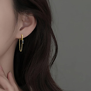 SLUYNZ 925 Sterling Silver Dangle Hoop Earrings for Women Minimalist Black CZ Hoop Earrings Tassel Chain (B-Gold Plated)