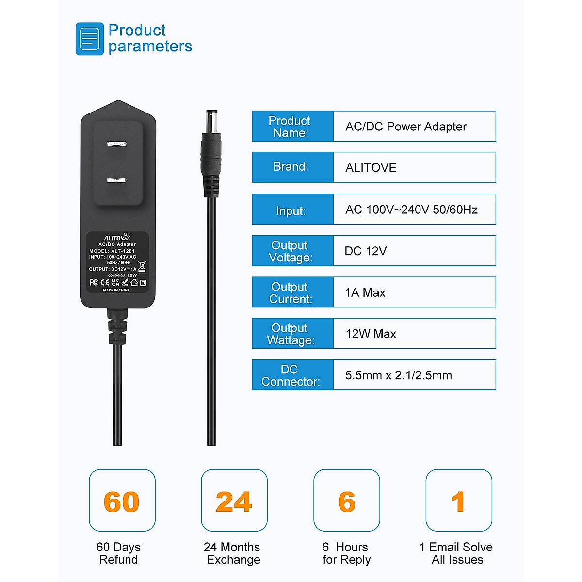 ALITOVE DC 12V 1A Power Supply 1000mA 12W AC/DC Adapter, 100~240V AC to DC 12 Volt 1 Amp 0.6A Converter with 5.5 x 2.5mm 2.1mm Plug for LED Strip Light CCTV Security Camera DVR NVR Surveillance System