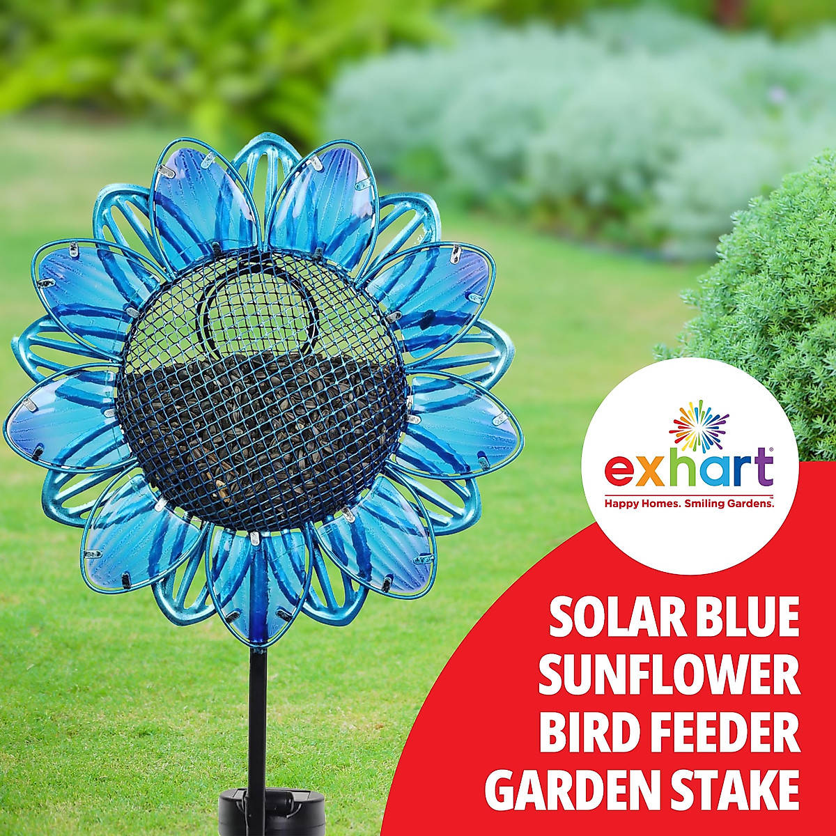 Exhart Garden Solar Lights, Sunflower Garden Stake with Mesh Bird Seed Feeder, 9 LEDs, Glass and Metal Outdoor Decoration, Blue, 11 x 3.5 x 36.5 Inch