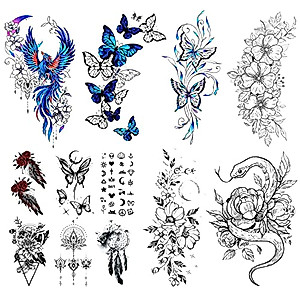 Casciybo Flower Butterfly Temporary Tattoos for Women Girls, 12Sheets Large Black Waterproof Half-Arm Shoulder Adults Fake Tattoo, Blue Realistic That Look Real Last Long Party Favors Supplies Gifts