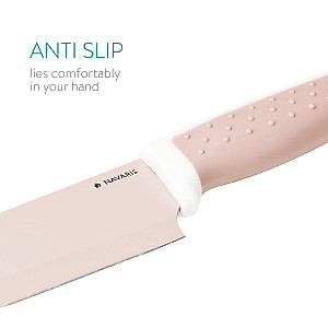 Navaris Knives and Peeler Set - 5 Stainless Steel Kitchen Knife & 1 Ceramic Blade Peeler - Pastel Colour Set with Bread Knife, Paring Knife and More