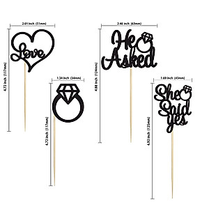 Gyufise 24 Pack Black Glitter He Asked She Said Yes Cupcake Toppers Glitter Heart Ring Cupcake Picks Decorations for Wedding Engagement Bridal Shower Party Supplies
