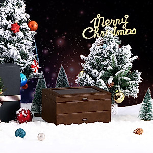 BEWISHOME 20 Slot Watch Box for Men Watch Case, Watch Display Case with Real Glass Lid, 2 Layers Watch Holder Organizer, Metal Hinge, Brown Leather SSH24Z