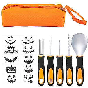YUET Halloween Pumpkin Carving Kit, 5PCS Professional Sculpting Tools Carving Set, Heavy Duty Stainless Steel, with Carrying Bag, for Adults Or Kids, Halloween Decorations Jack-O-Lanterns (Black)