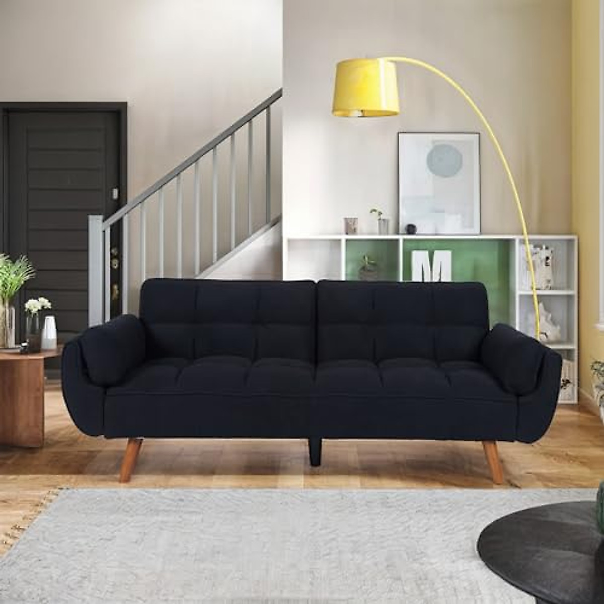 Wonder Comfort Corduroy Futon Sofa Bed Loveseat, Adjustable Backrest Convertible Sleeper Reclining Couch with Tapered Wood Legs, Black