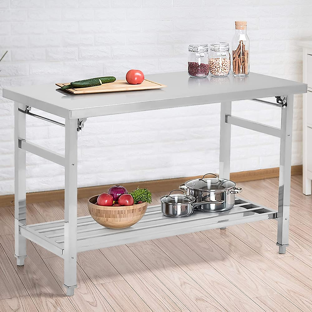 Stainless Steel Table 48 * 24 in, Portable Kitchen Island Stainless Steel Prep Table Work Bench with Foldable Table Legs, Work Table with Adjustable Undershelf for Kitchen Restaurant