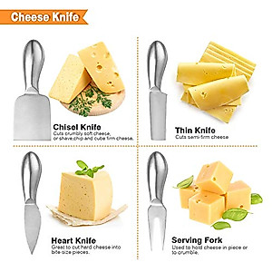 Stainless Steel Cheese Knife Set with Stand, Set of 4 Pieces Cheese Knives Spreader Slicer Shaver Fork with Wood Holder,Cheese Cutter Set with Magnetic Knife Block for Charcuterie Board (Type 3)