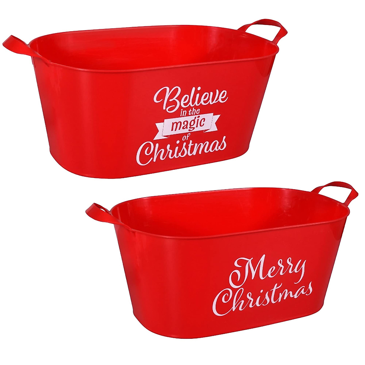 LSM Christmas Sentiment Oval Buckets, Plastic Basket with Handles Decorative Storage Drink Cooler Party Beverages Candies Vegetable Toys Bucket for Kitchen & Cabinet Organizer Set of 2 with Oggetto