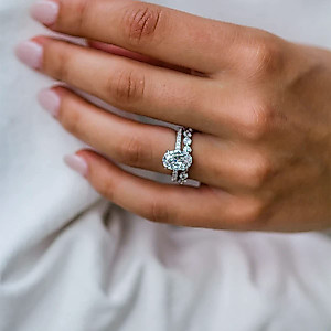 Aojun 14K Gold Vermeil S925 Sterling Silver 1.5CT Pear Shaped Cubic Zirconia Promise Halo Engagement Promise Eternity Ring for Women (Oval-Silver, 8)