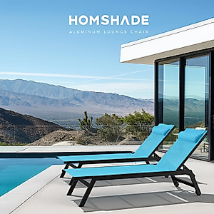 HOMSHADE Outdoor Aluminum Lounge Chair -Set of 2 with 5 Position Adjustable Backrest, Textilene Fabric, Two Wheels, Headrest for Pool, Beach, Turquoise