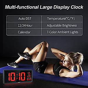 YORTOT 16” Large Digital Wall Clock with Remote Control - Adjustable Dimmer, 7 Color Night Lights, Big LED Clock with Indoor Temperature, Date, Auto DST, 12/24Hour, Wall Mount/Foldable Stand