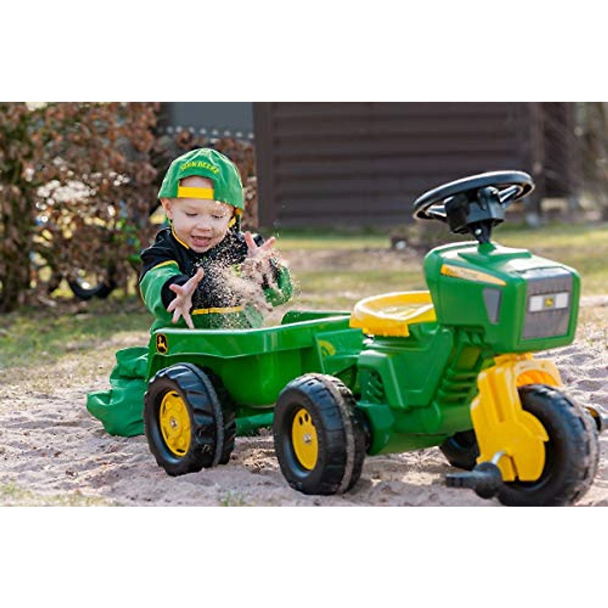 Rolly Toys John Deere 3-Wheel Trac with Trailer Ride On, Green/Yellow (52769)