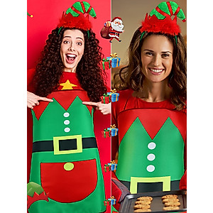 SATINIOR 4 Pieces Christmas Elf Apron and Santa Elf Hat Headbands Cute Kitchen Cooking Aprons Christmas Costume Accessories for Fancy Dress Party Thanksgiving Day Multicolor