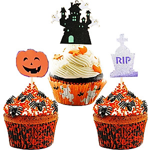 6Pcs Halloween Birthday Cake Topper Halloween Cupcake Topper Haunted House Glitter Spooky RIP Tombstone Pumpkin Bat Cat Spider Skull Cupcake Toppers for Halloween Themed Party Cake Decoration Supplies