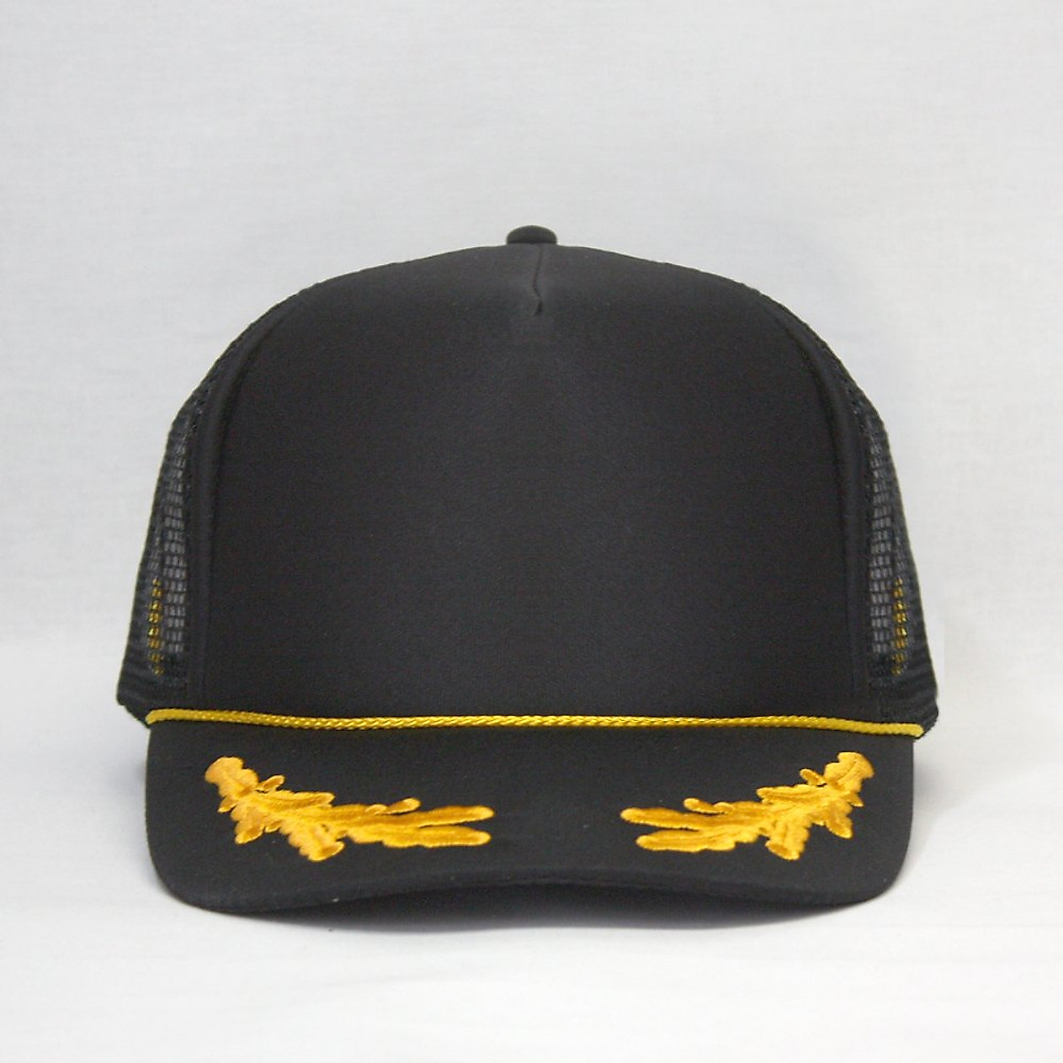 The Vintage Year High Crown Foam Mesh Camouflage Oak Leaves Captain Trucker Hat Baseball Cap (Black/Gold)