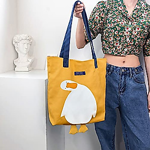 MEETPET Cute Canvas Tote Bag for Women and Teen Girls, Reusable Cotton Cloth Bag for Lunch Grocery School Shopping and Beach (Shoulder Carry Yellow Duck)