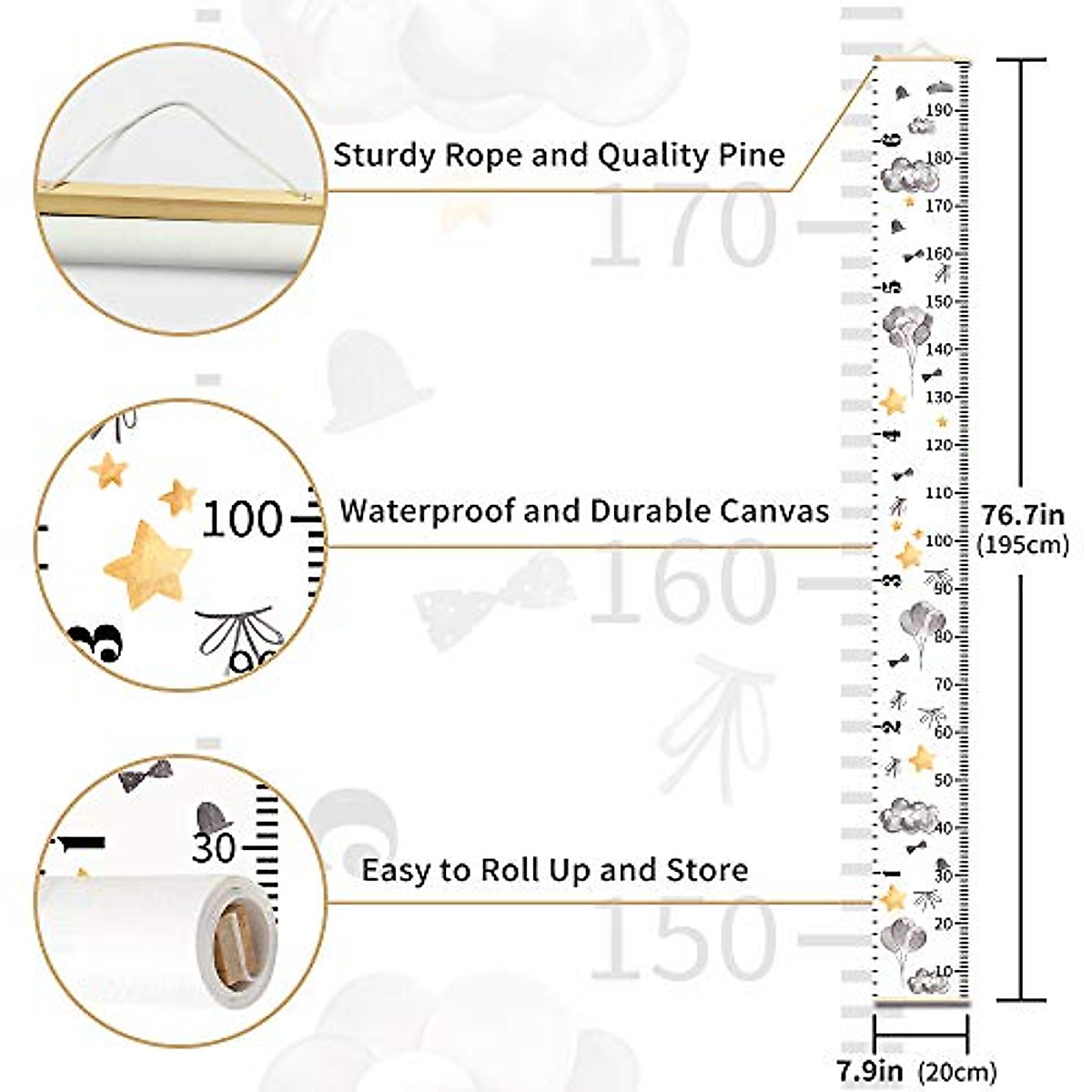 ASENART Kid Children Height Cloud and Ballon Growth Chart Ruler Growth Wall Chart Art Waterproof Hanging Rulers for Kids Bedroom Nursery Wall Decor Removable