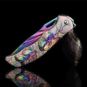 Pocket Knife for Men, Folding Knife With Clip & 3D TITANIUM PLATED WOLF Relief, Embossed Edc Knife For Men Outdoor Survival Camping Hiking hunting (Rainbow)