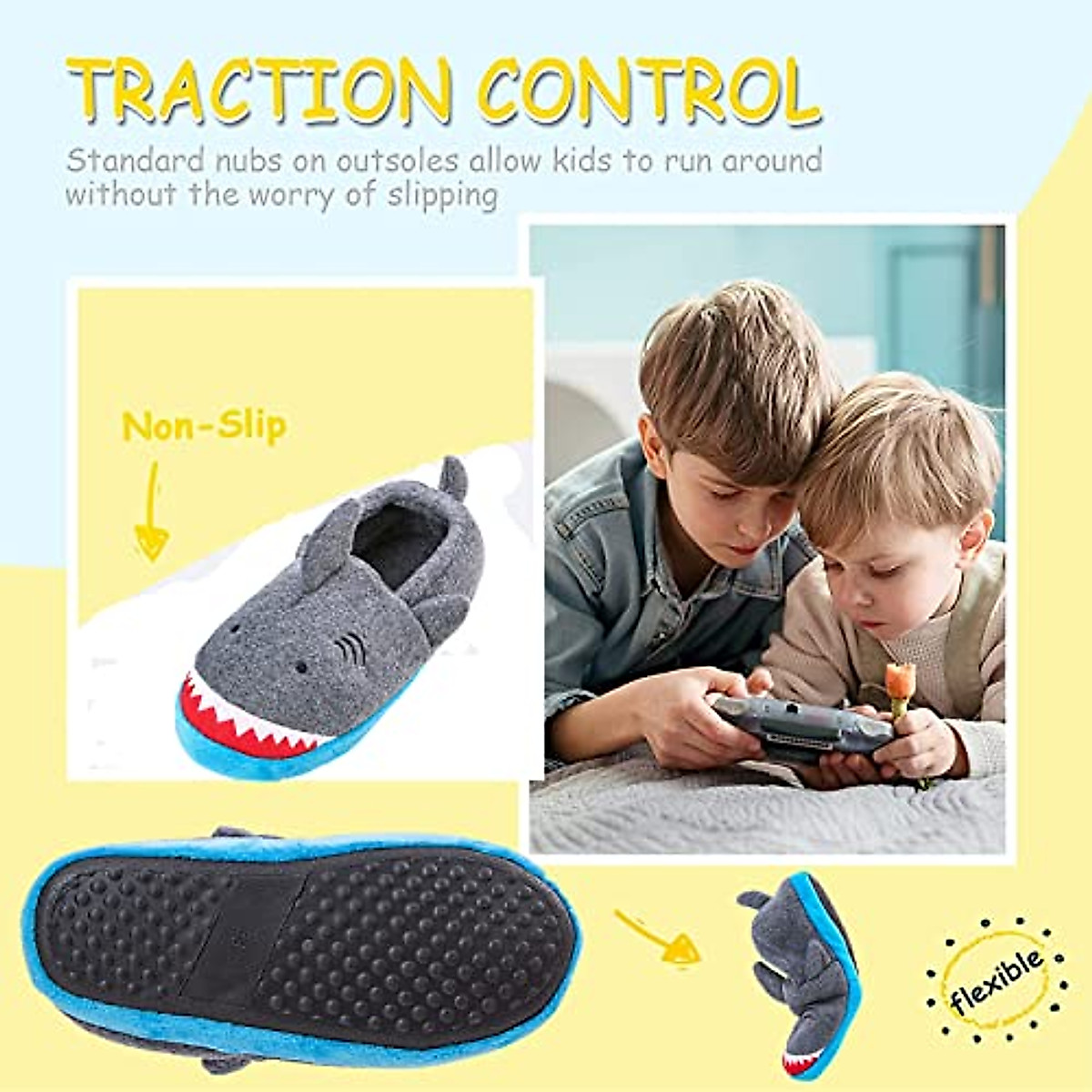Little Kids Big Boys House Slippers, Kids Warm Slip On Home Slippers with Soft Memory Foam Cute Winter Nonslip Indoor Shark Dinosaur Soccer Dog Slippers