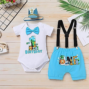 Wild One Birthday Decorations Supplies, Jungle Theme First Birthday Decoration, Newborn Baby Cotton Bodysuit One Pants Clothes Set for 1st Birthday Boy Safari Party Supplies Blue 12-18 Months