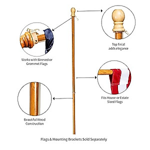 Evergreen Solid Wood 56" Flag Pole | Single Holder Ring Clip and Spinning Anti-Wrap Tube | Outside Wall Mounted | House and 3'x5' American Flags with Sleeve or Grommets | Residential or Commercial | Pole Only