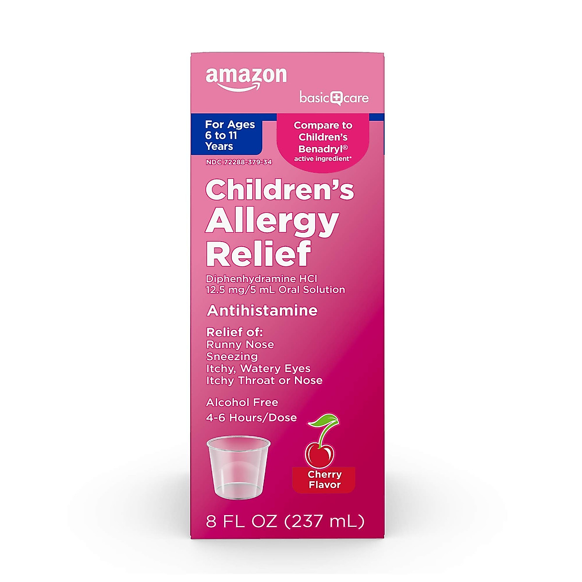 Amazon Basic Care Children's Allergy Relief Liquid, Kids Allergy Medicine with Diphenhydramine HCl, Antihistamine, Cherry Flavor, for Children Ages 6-11 Years, 8 Fl Oz (Pack of 1)