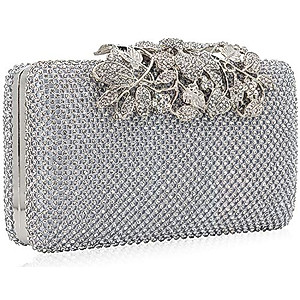 MagicLove Womens Evening Bag with Flower Closure Rhinestone Crystal Clutch Purse for Wedding Party Silver