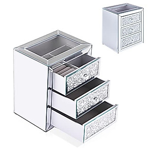 MOMNGNE Mirrored Glass Jewelry Box with 3 Drawer, Multi-layer Crushed Diamond Glass Mirrored Jewelry Box for Women,Mothers Day Gift