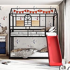 Tidyard Twin Over Twin Metal Bunk Bed,Metal Housebed with Slide,Three Colors Available.(Black with Red Slide) for Bedroom Dorm Guest Room Home Furniture