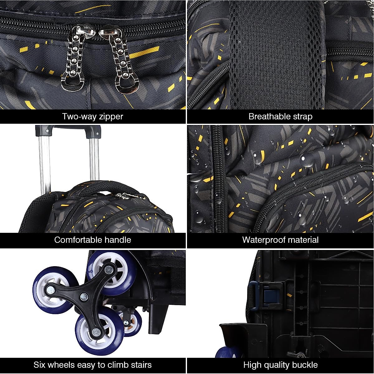 YOUCIDI Rolling Wheels High-Capacity School Bag Backpacks for Students Climbing Stairs Black and Yellow,
