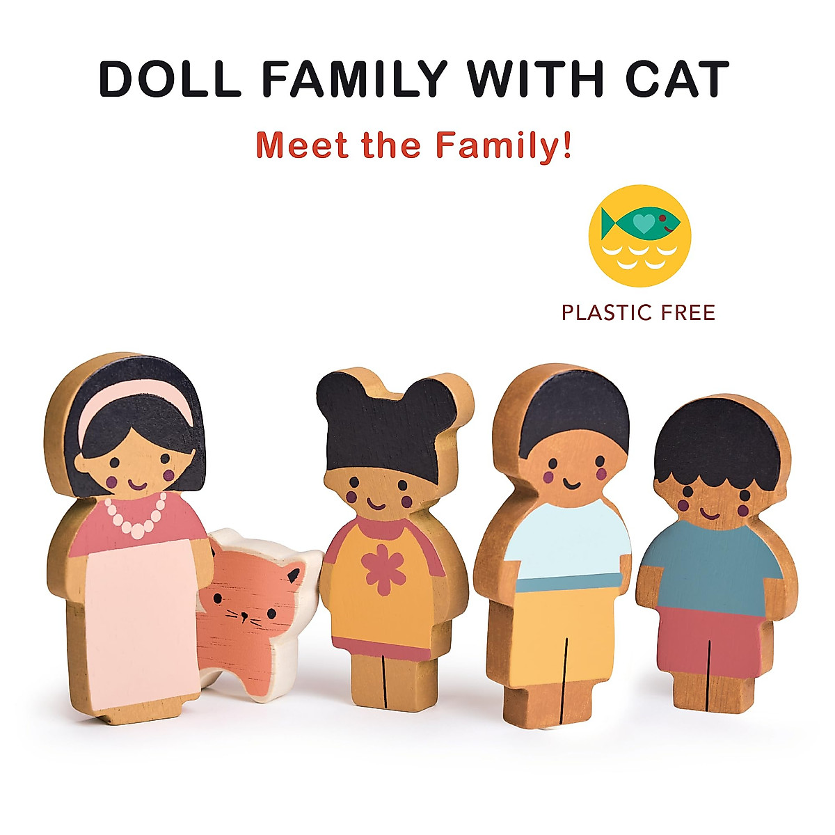 Mentari Toys - Doll Family with Cat - 5pc Multicultural Solid Wood Doll Set with Playful Kitten - Perfectly Sized for Little Hands - Encourages Imaginative Play and Social Skills - Age 12m+